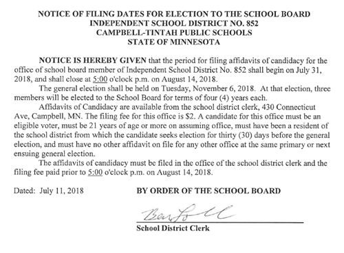 Notice of Filing Dates – Campbell Tintah Public Schools